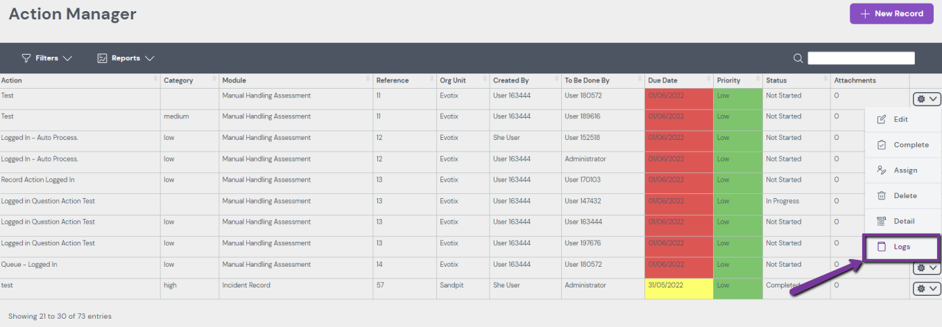 Action manager and viewing action history logs – Evotix