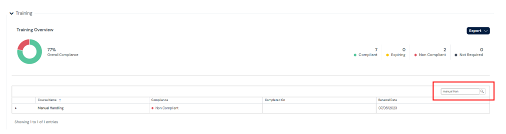 Training Compliance Overview on Person Record – Evotix