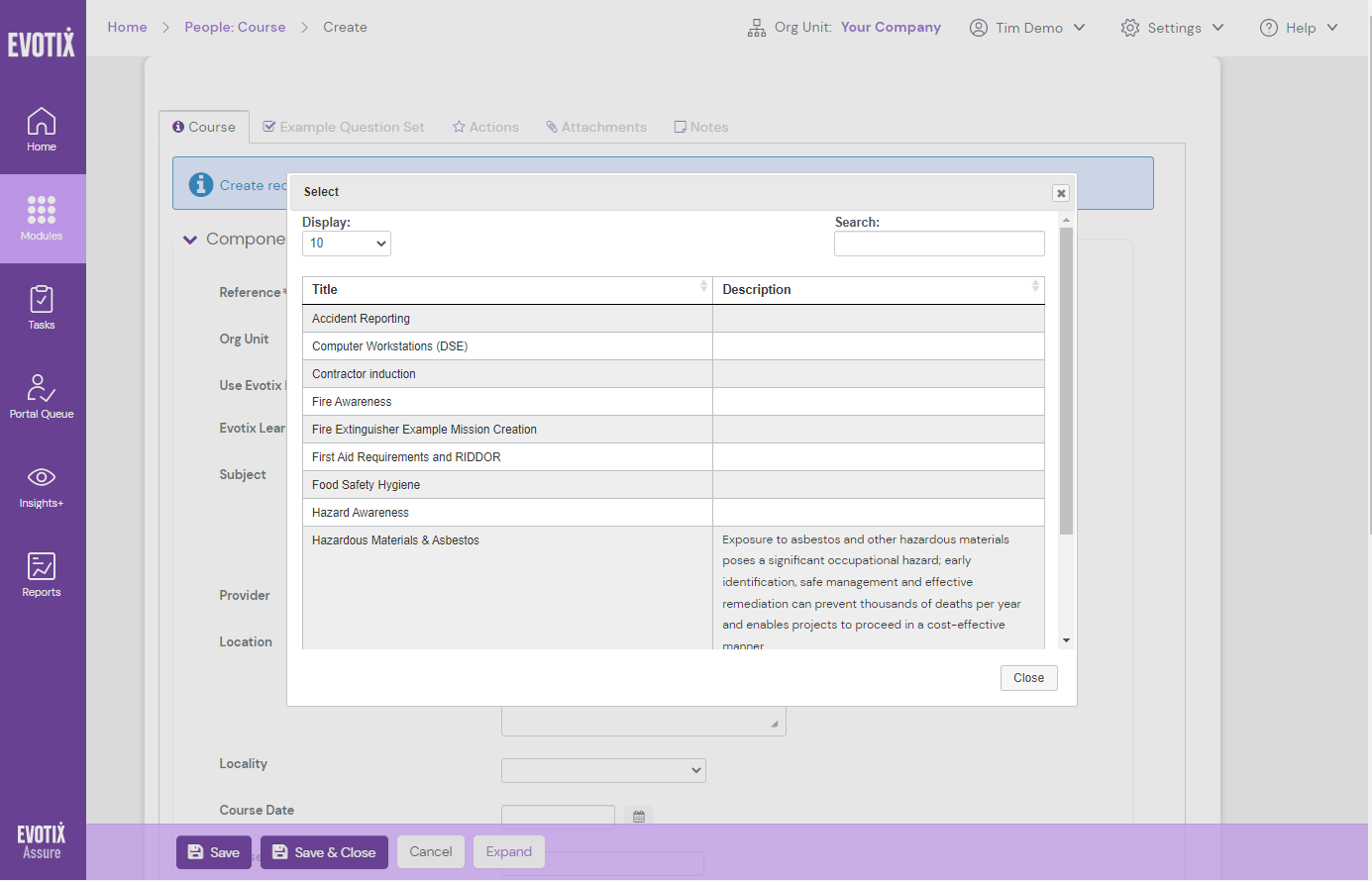Training Management: Managing and assigning courses from the Evotix Learn platform in Assure ...