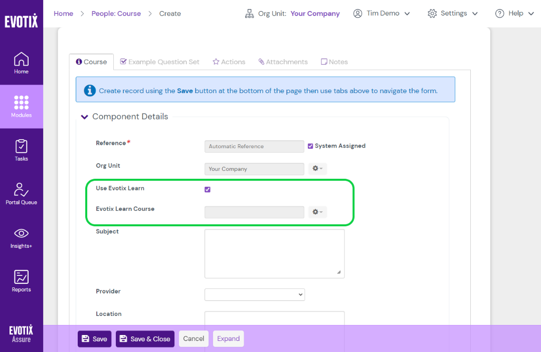 Training Management: Managing and assigning courses from the Evotix Learn platform in Assure ...